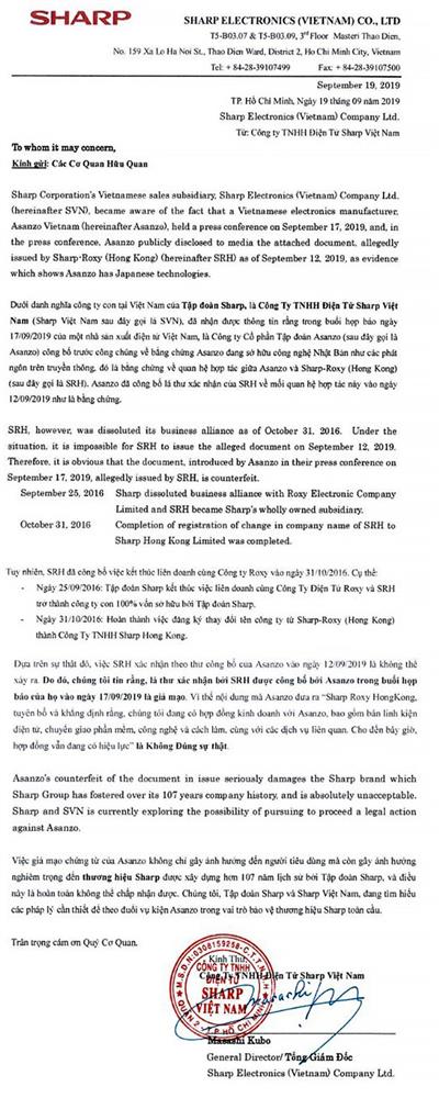 Sharp Việt Nam tố cáo Asanzo giả mạo chứng từ hợp tác công nghệ ...